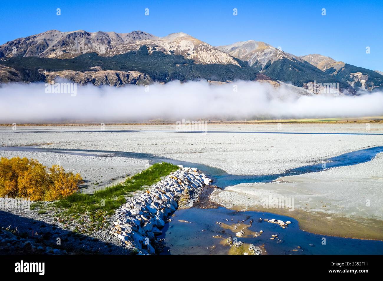 Yellow forest and river in New Zealand Alps. Yellow forest and river in ...