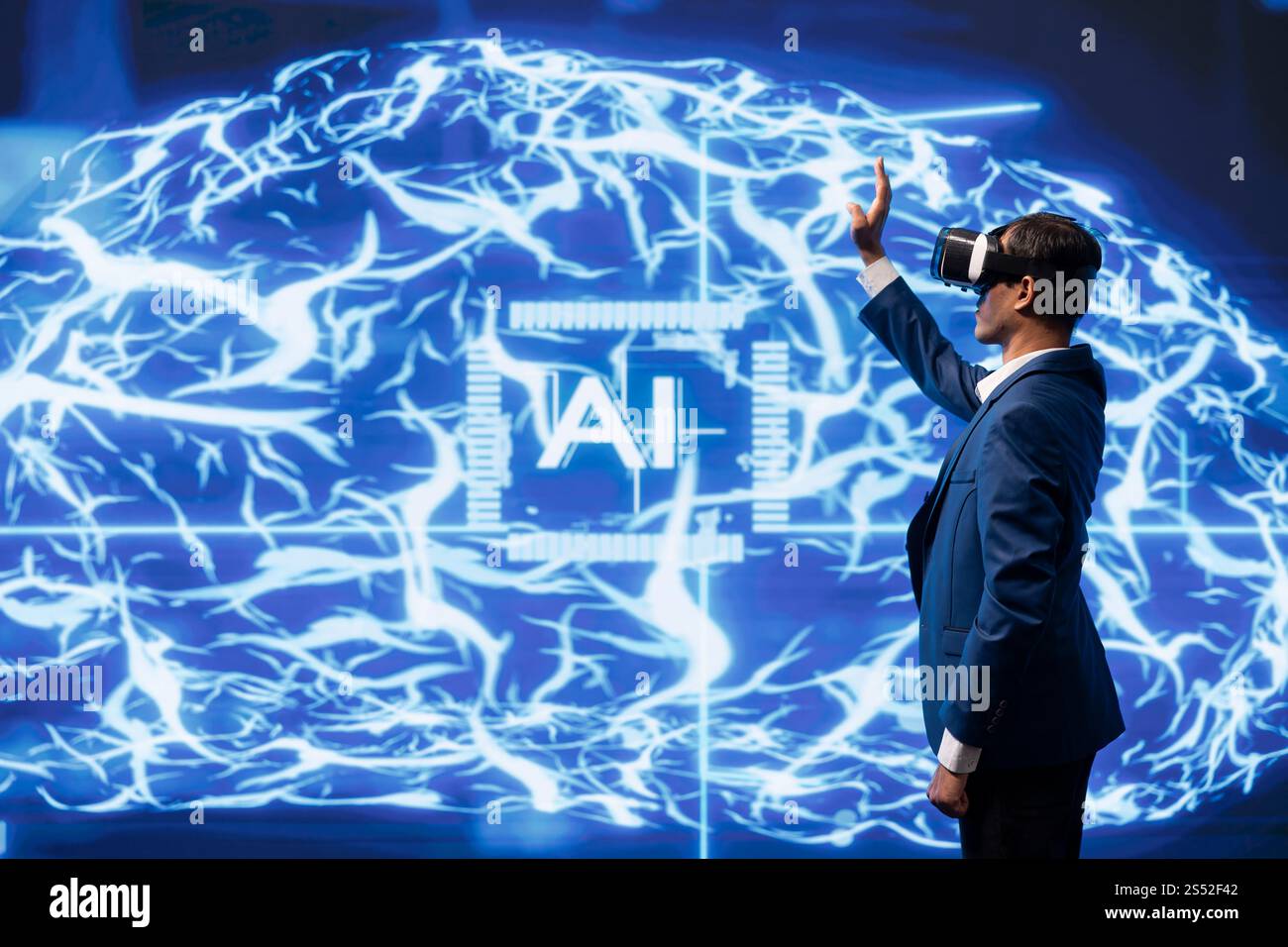 Programmer wearing VR smart goggles working with artificial intelligence neural networks. IT ...