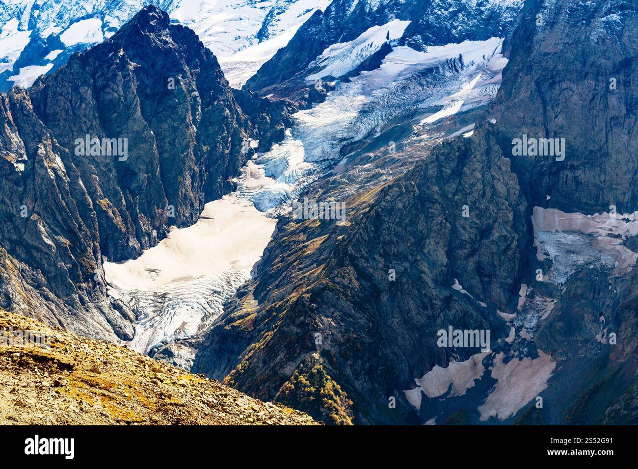 travel to North Caucasus region region - glacier in mountains near ...