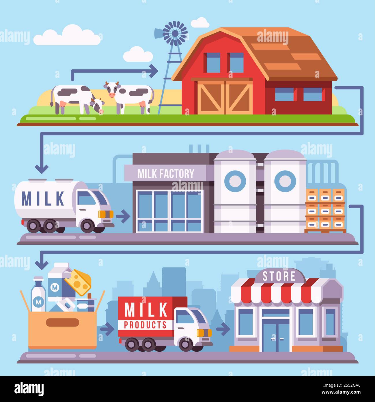 Milk production processing from a dairy farm through factory to ...