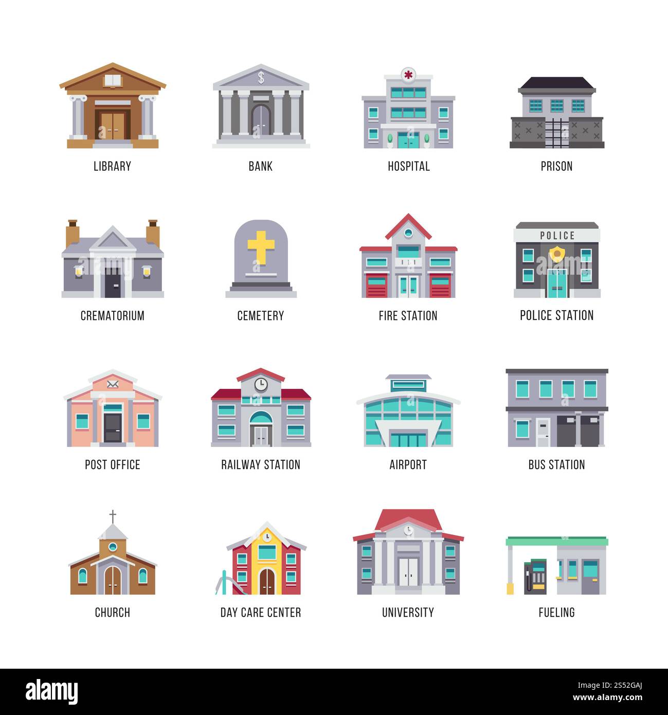 Municipal city buildings library, bank, hospital, prison vector icon ...