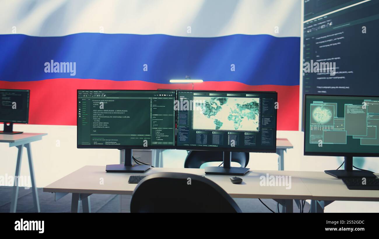 Empty cyber security room big screen running Russian flag, representing ...