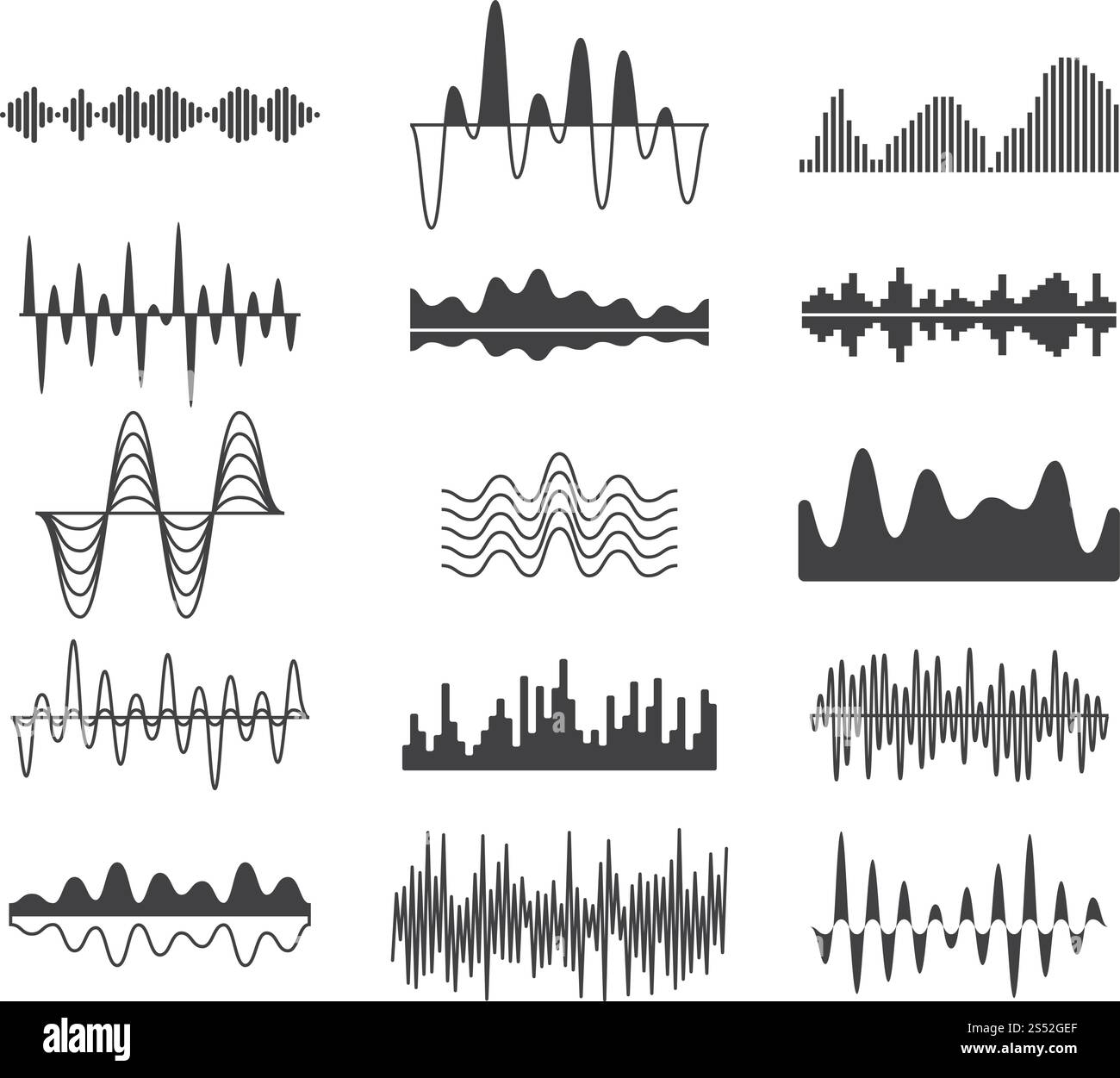 Sound frequency waves. Analog curved signal symbols. Audio track music ...