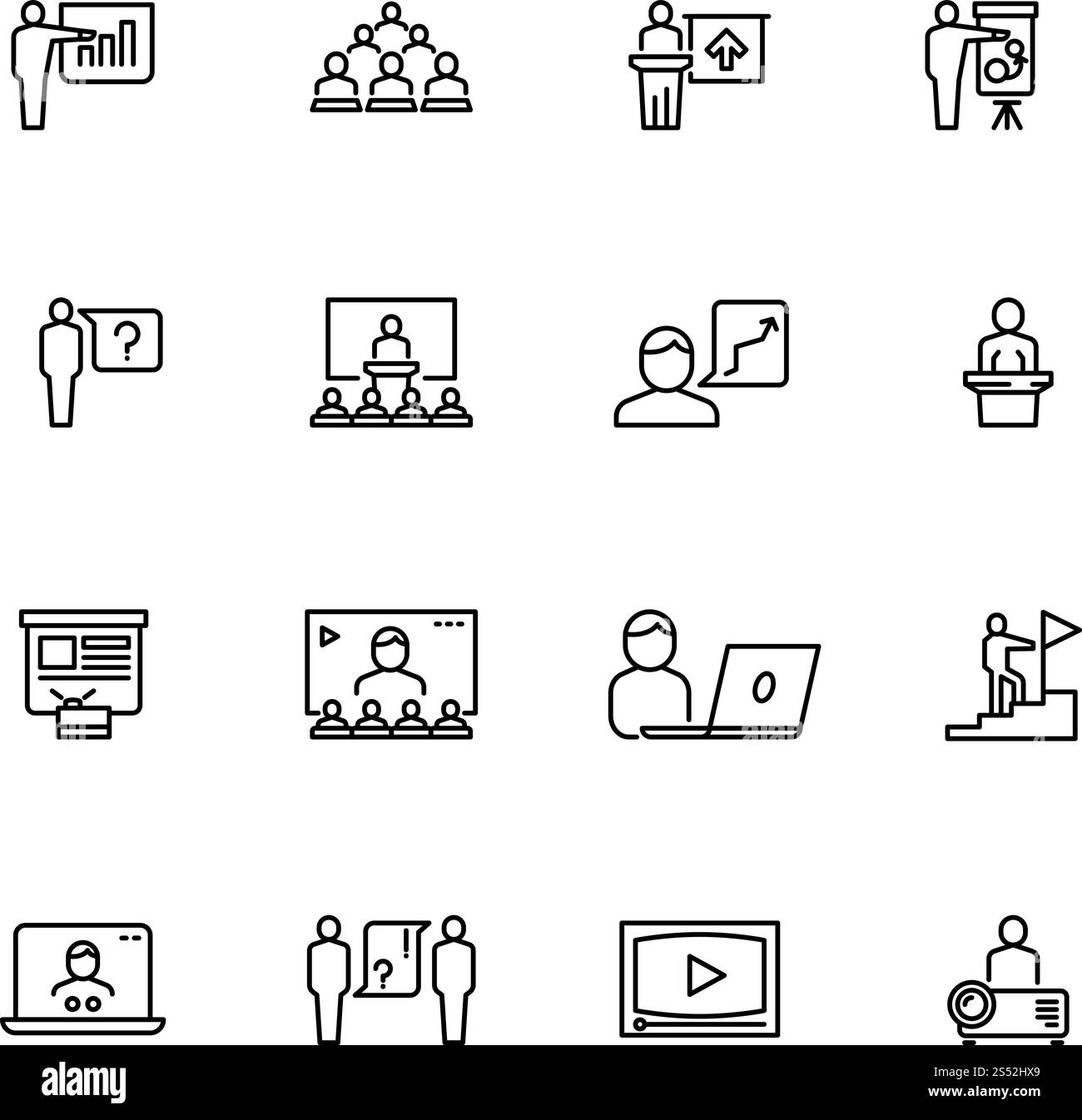Presentation and conference symbols. Training and learning line icons ...