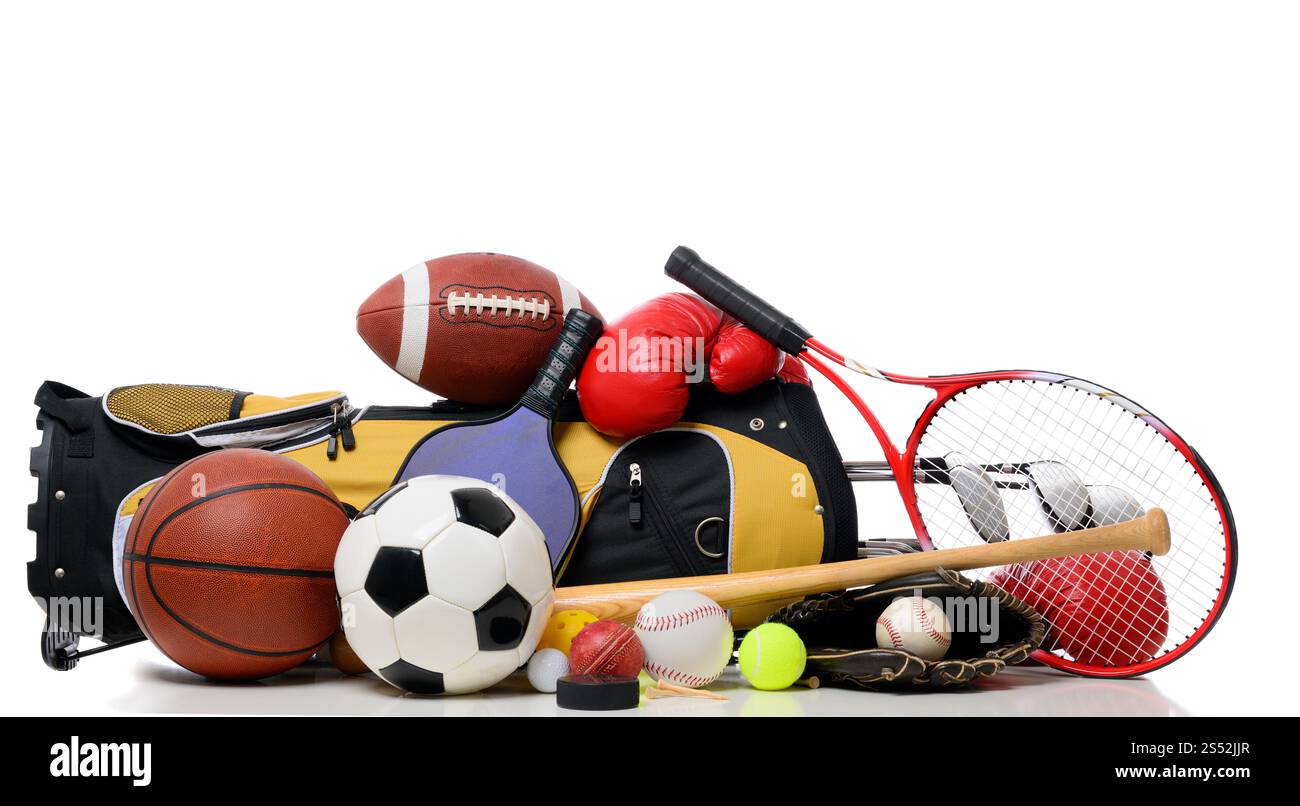 Large group of sports equipment on a white background Stock Photo - Alamy