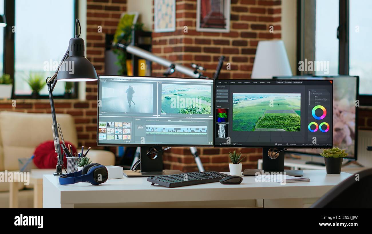 Modern digital workspace in the living room focused on tech and productivity, dual monitors ...