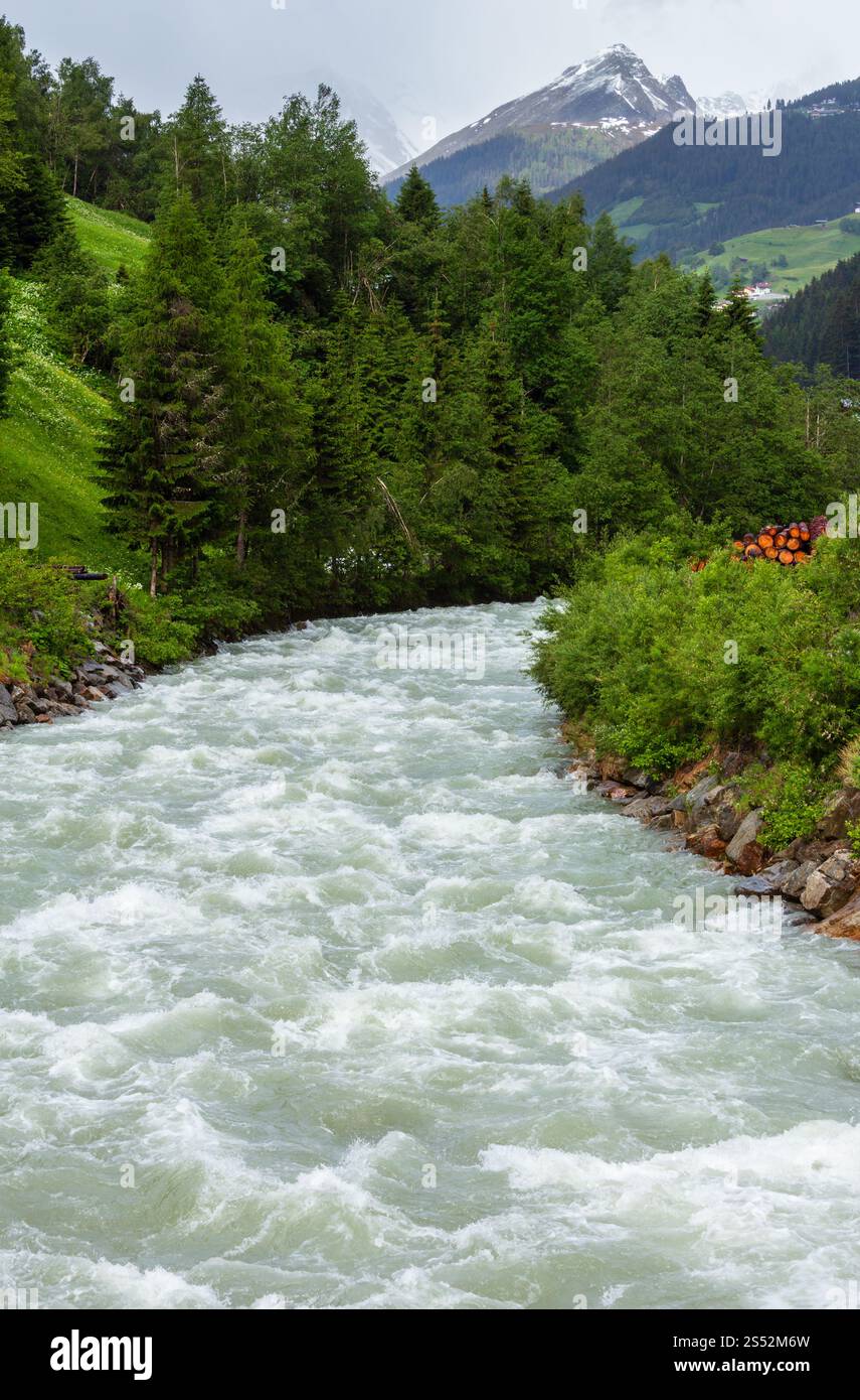 Summer Alps mountain landscape with alpine river (Silvretta Alps ...
