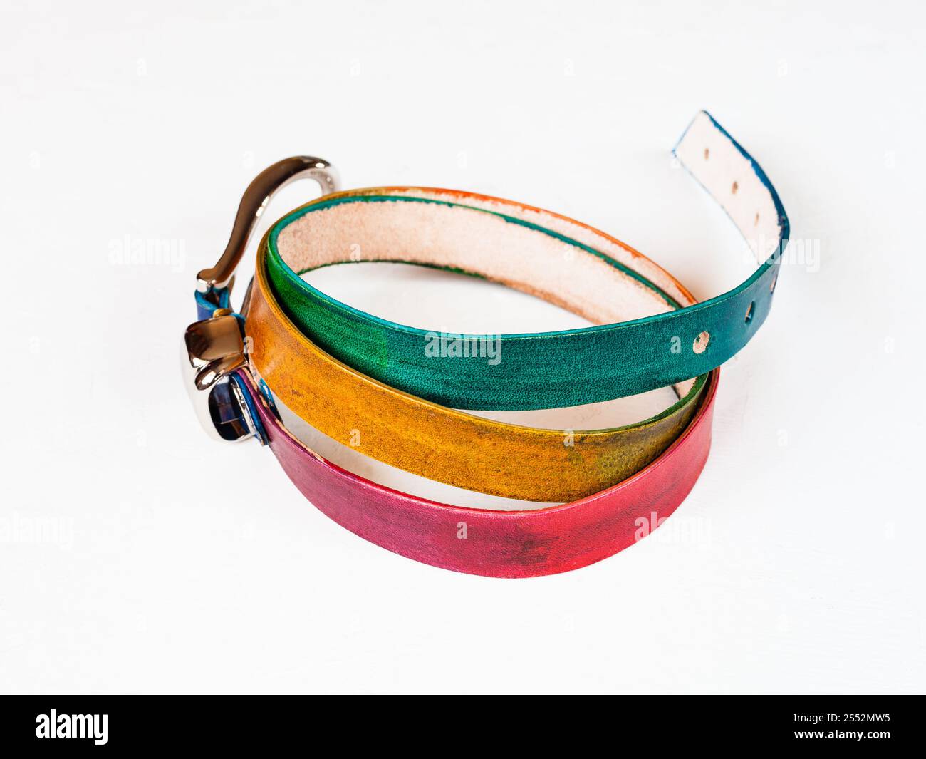 hand painted multi colour leather belt on white background Stock Photo ...