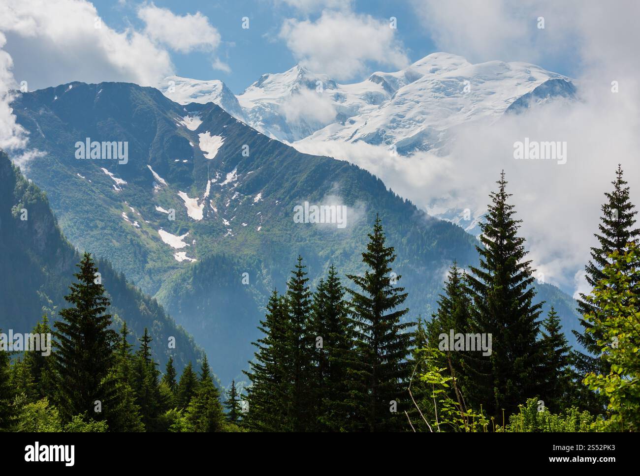 Mont Blanc mountain massif (Chamonix valley, France, view from Plaine ...