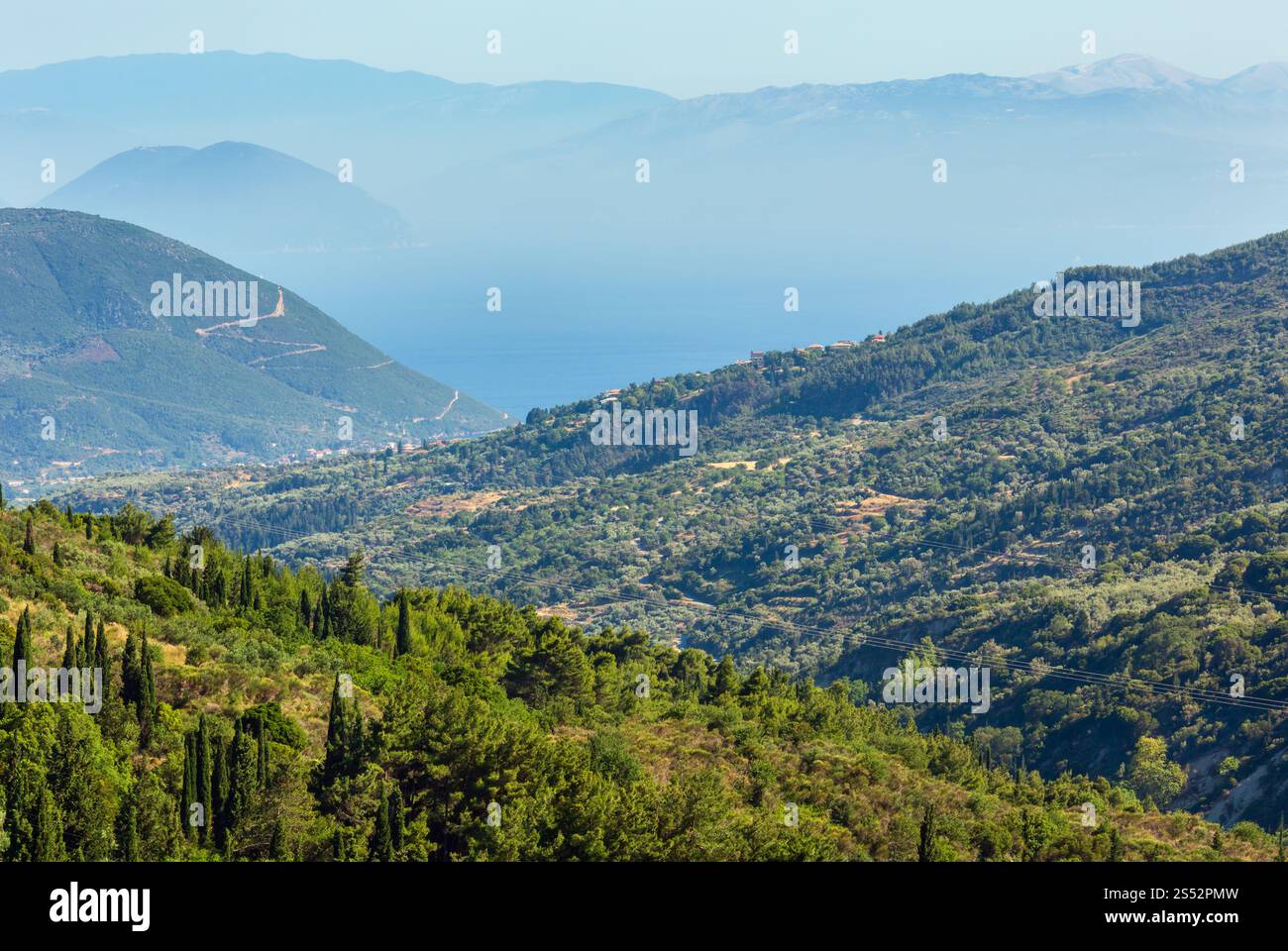Misty summer hilly coast panorama (Greece, Lefkada). View from up Stock ...