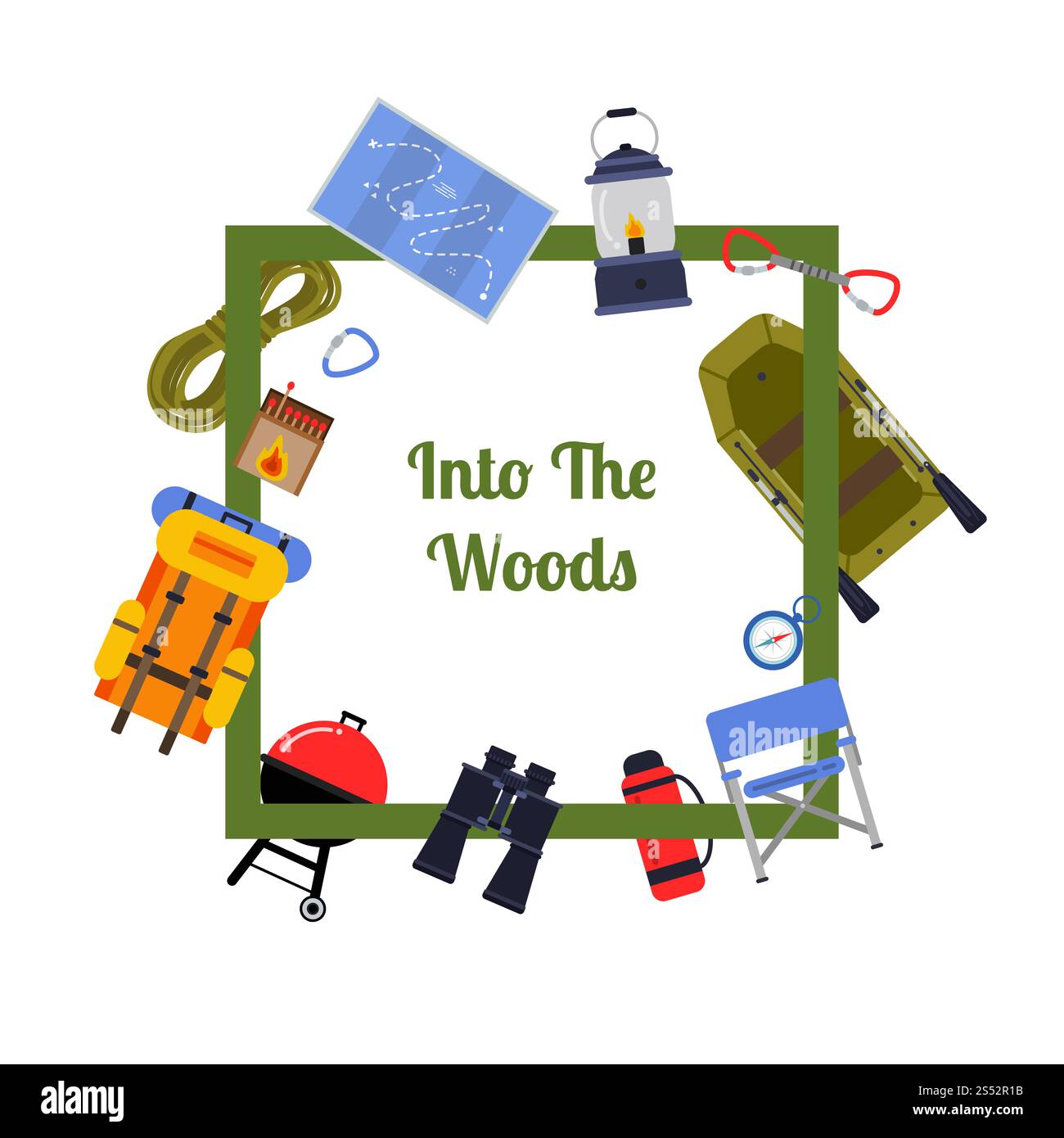 Vector flat style camping elements frame with flying around it with ...