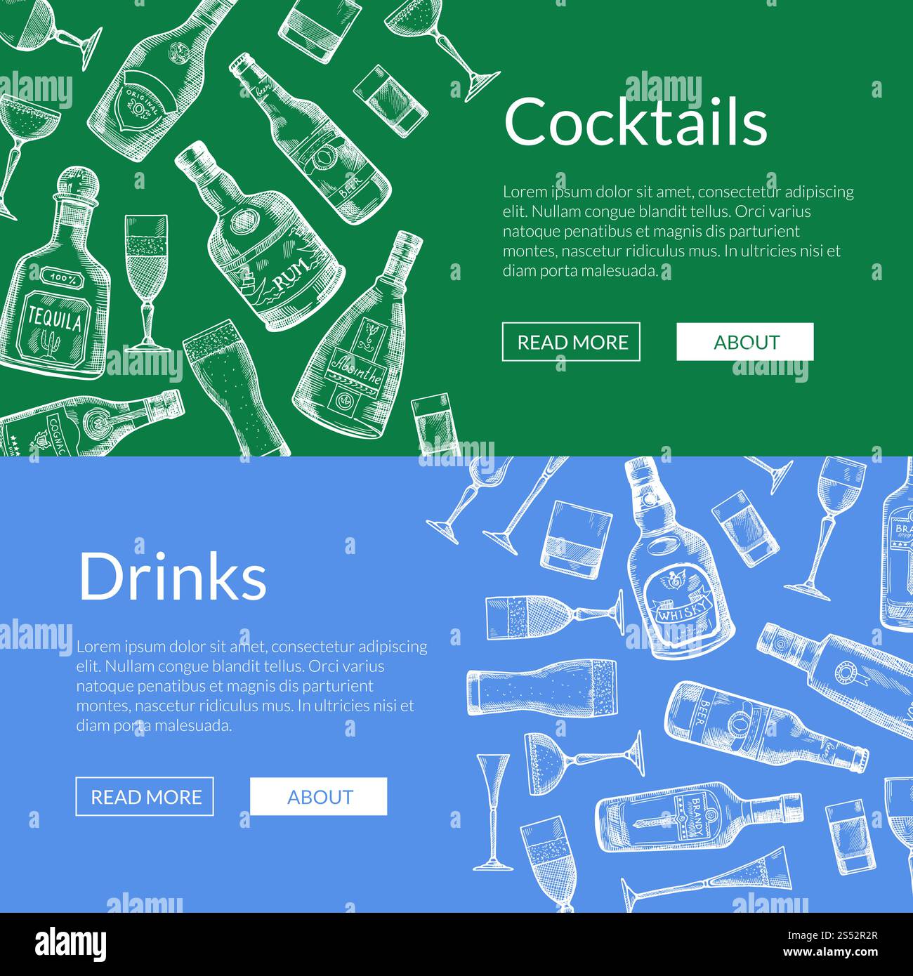 Vector hand drawn alcohol drink bottles and glasses horizontal web ...