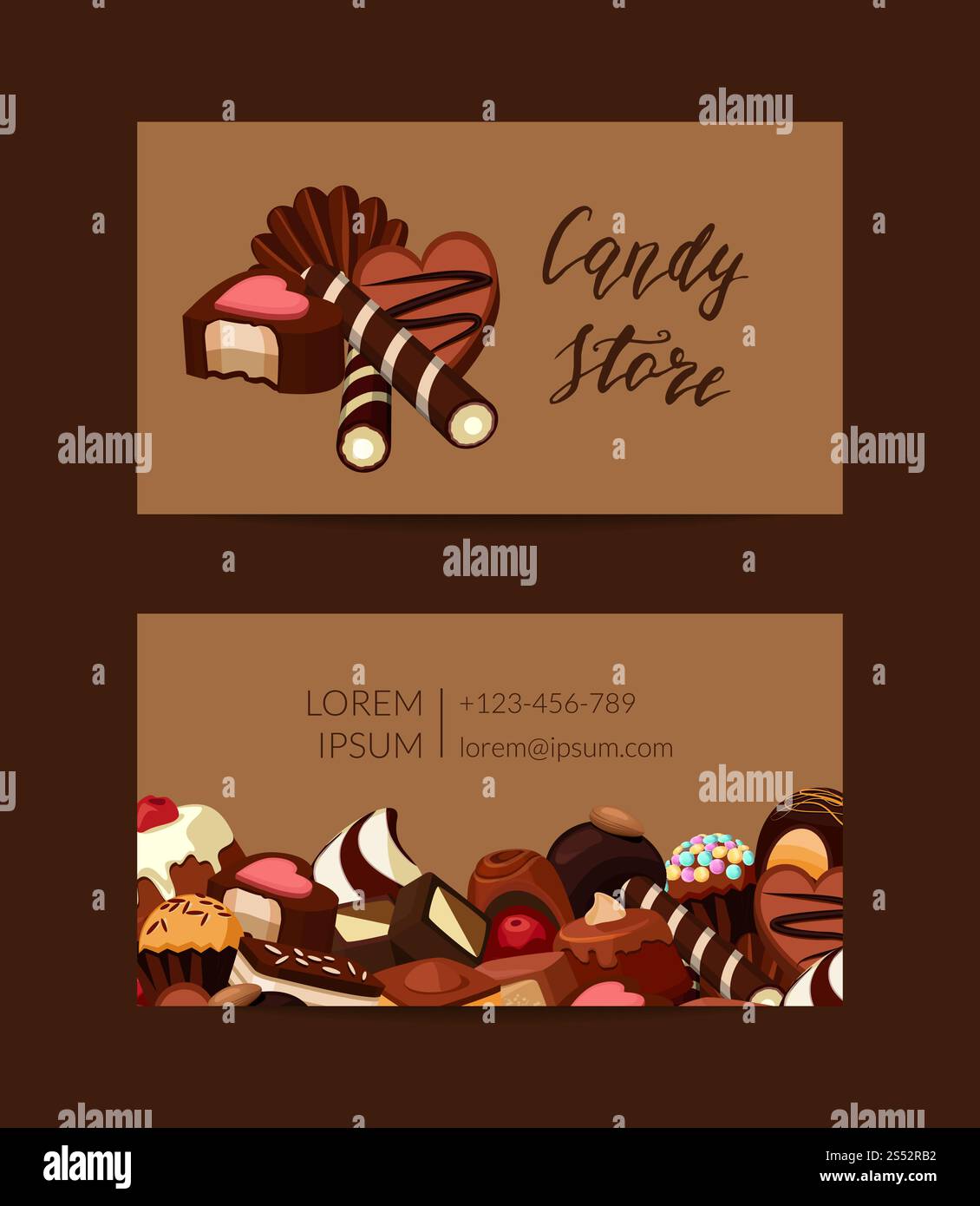 Vector business card template with cartoon chocolate sweet candies for ...