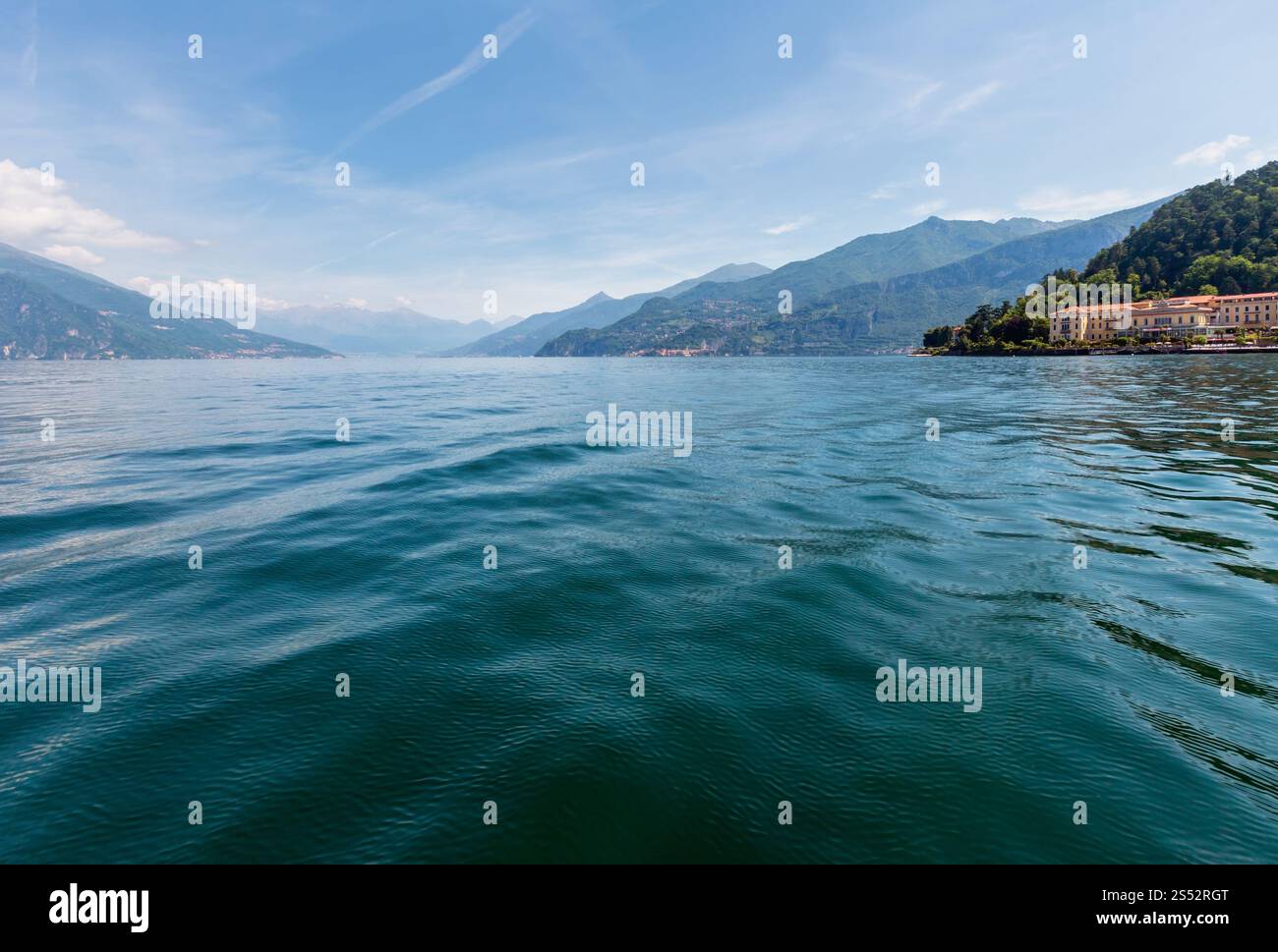 Lake Como (Italy) summer coast hazy view from ship board Stock Photo ...