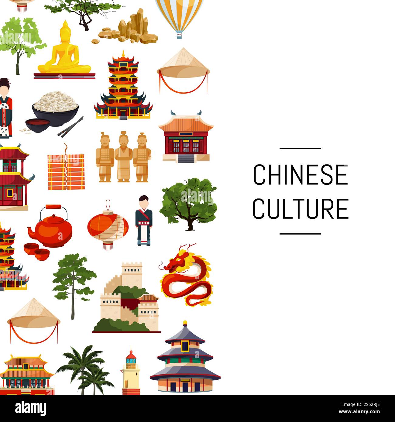 Vector flat style china elements and sights background illustration ...