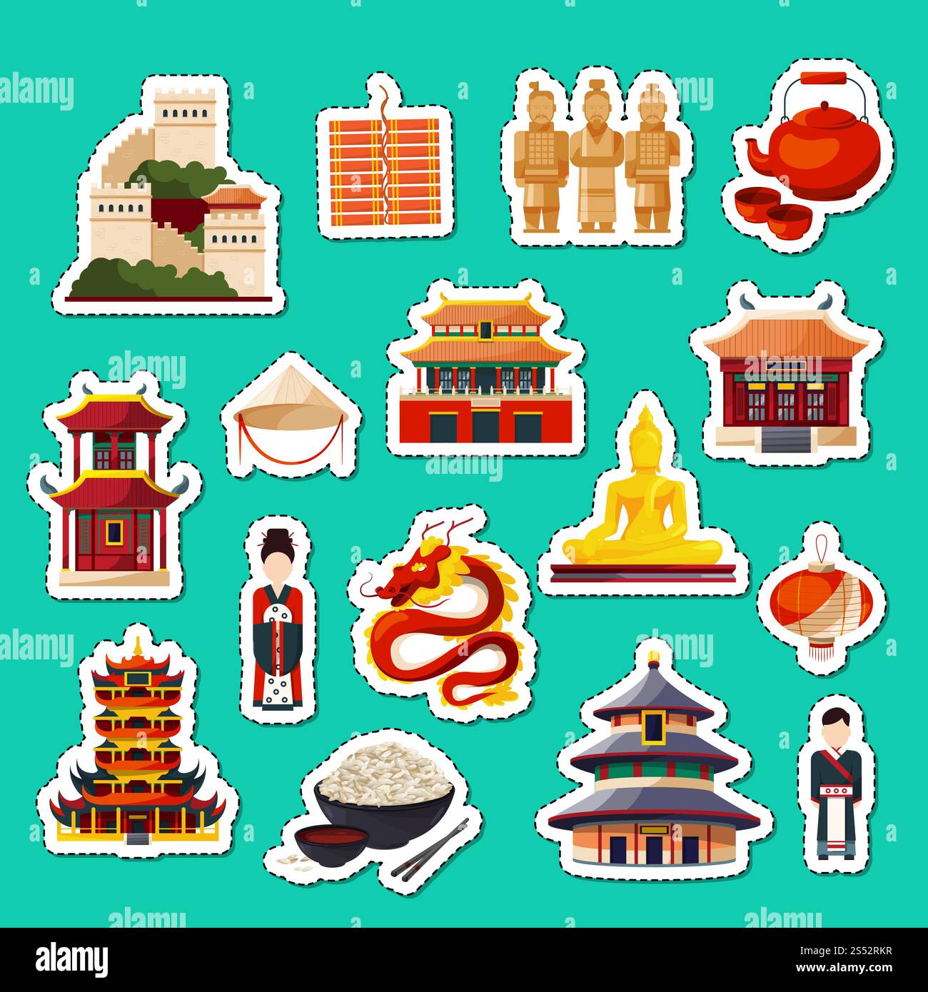 Vector set of flat style china elements and sights stickers ...