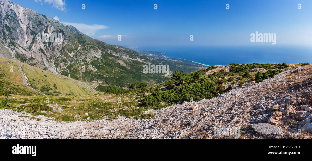 Summer Llogara pass view with serpentine road and Ionian Sea coast ...