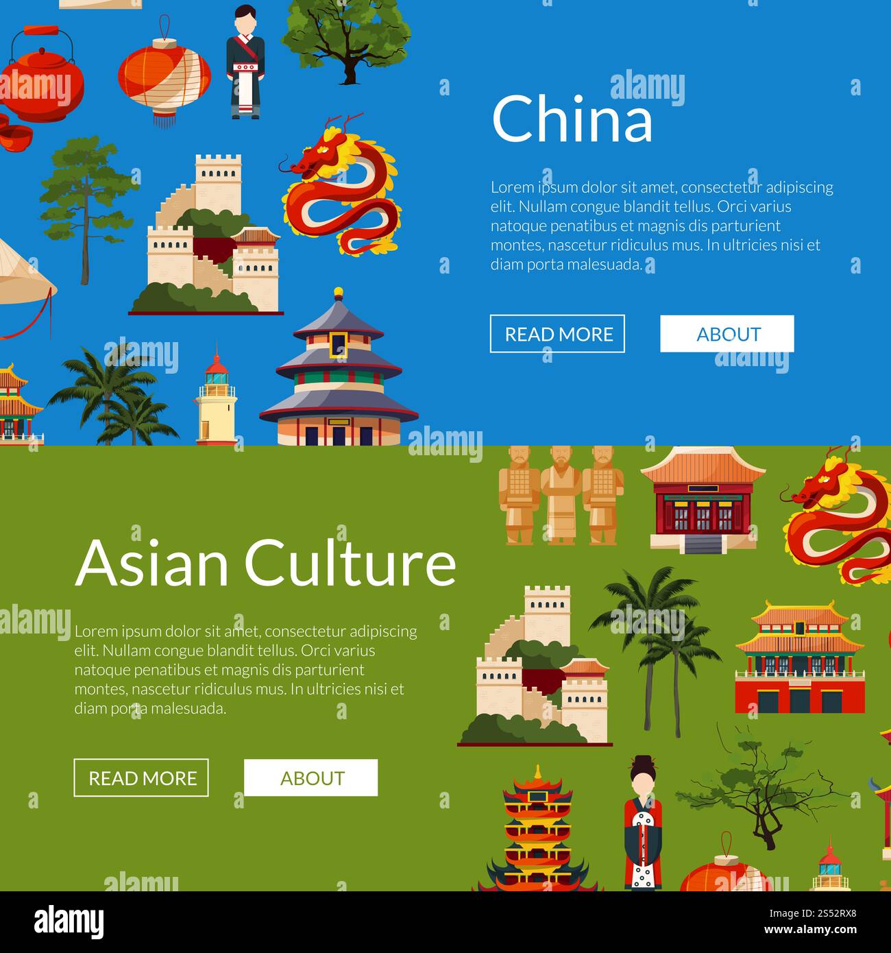 Vector flat style china elements and sights horizontal web banners ...