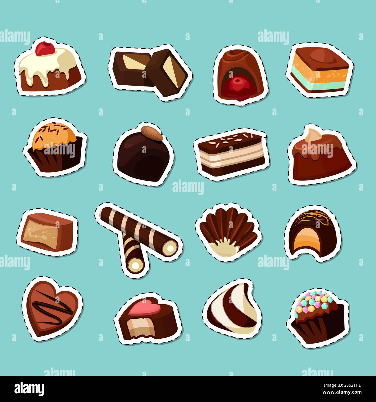 Vector cartoon chocolate candies stickers set isolated on background ...