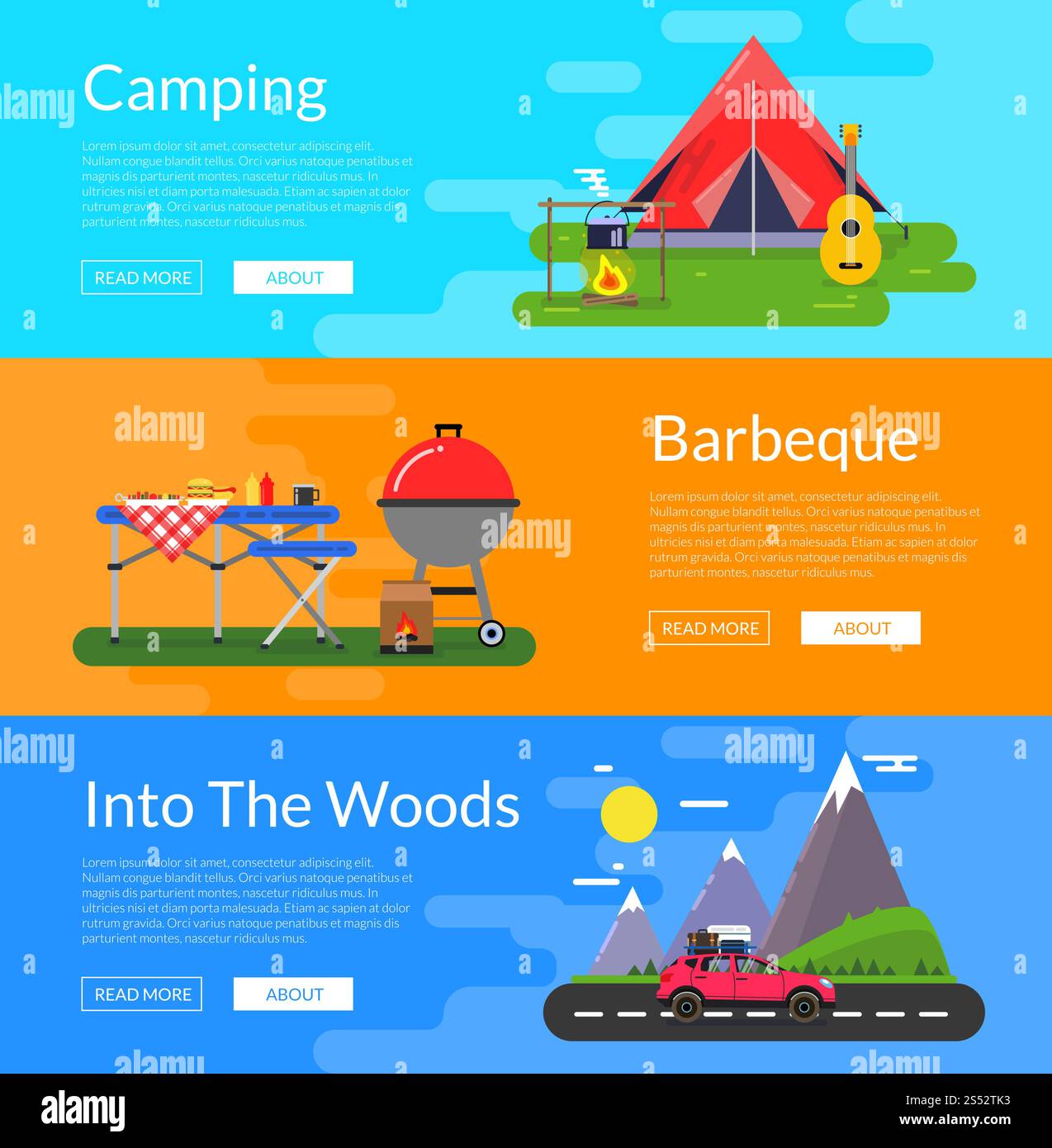 Vector flat style camping elements horizontal web banners of set ...