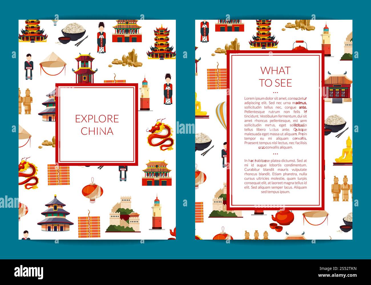 Vector flat style china elements and sights card, flyer or brochure ...