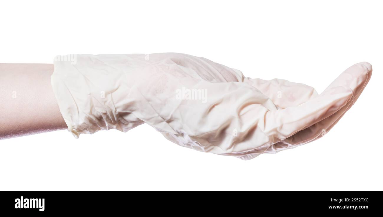 side view of empty handful in palm in latex glove isolated on white ...