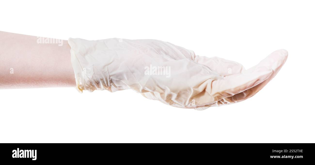 side view of empty handful in hand in latex glove isolated on white ...