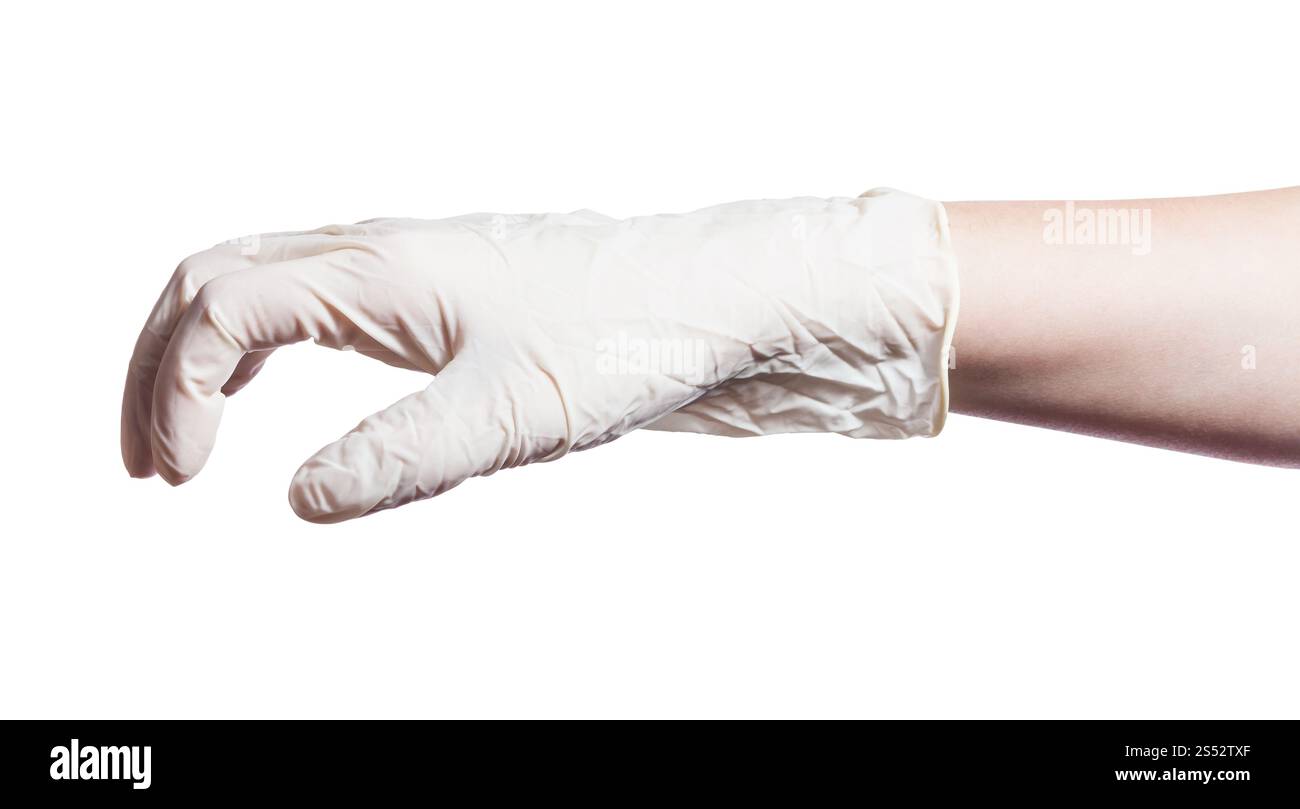 side view of relaxed hand in latex glove isolated on white background ...
