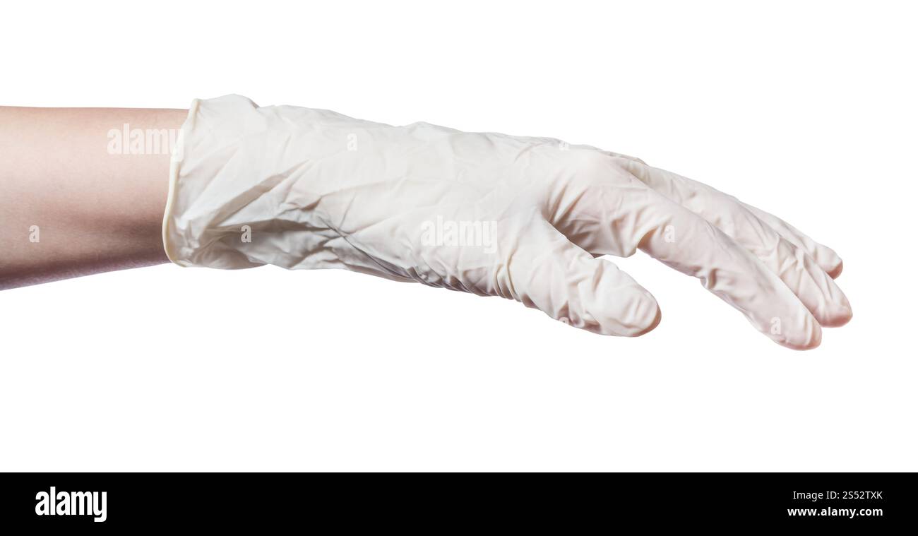 side view of relaxed palm in latex glove isolated on white background ...