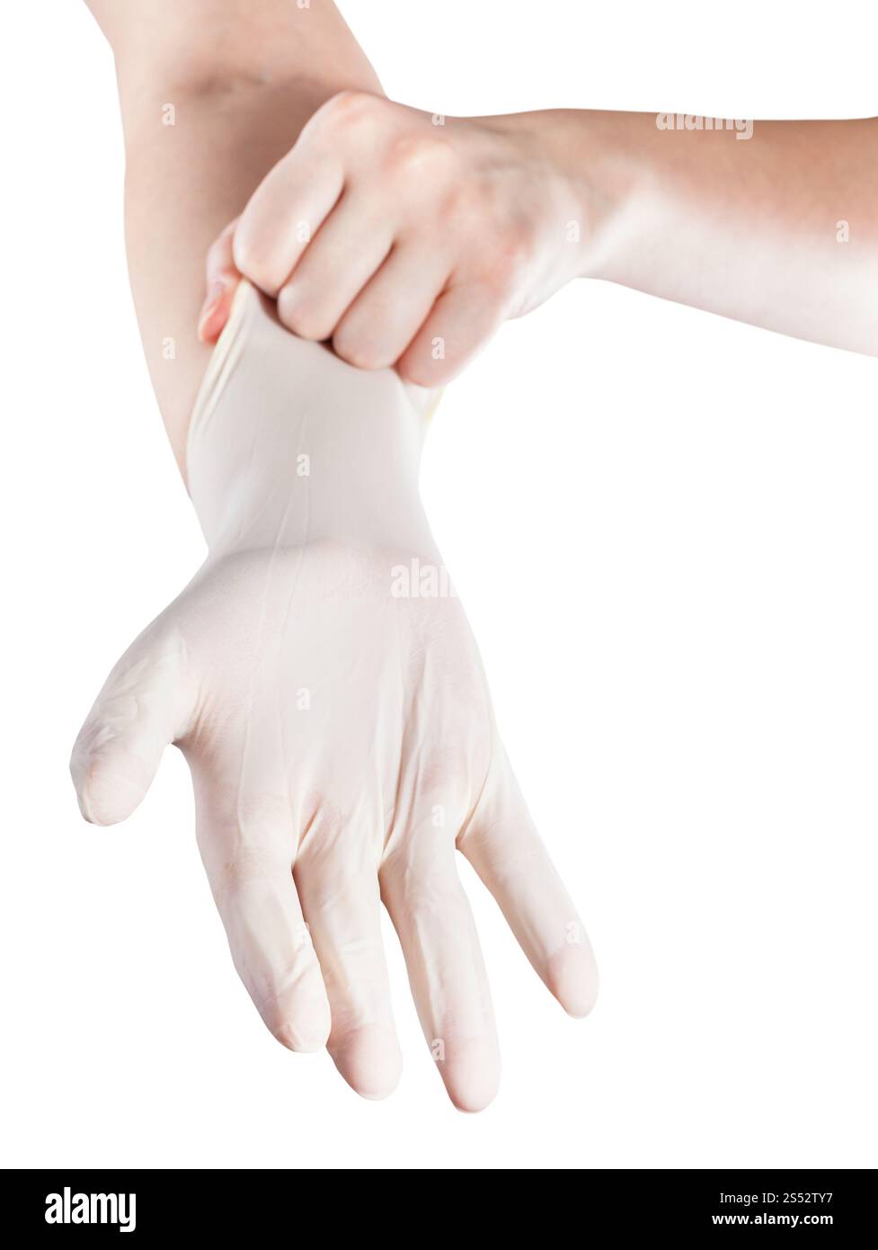 front view of female hand wears latex glove on another hand isolated on ...