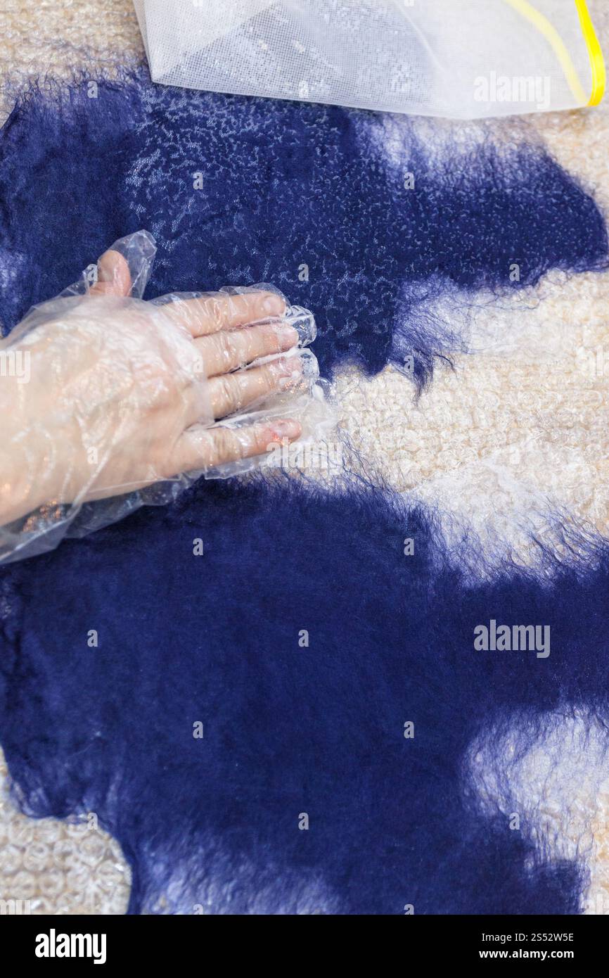 workshop of hand making a fleece gloves from blue Merino sheep wool ...