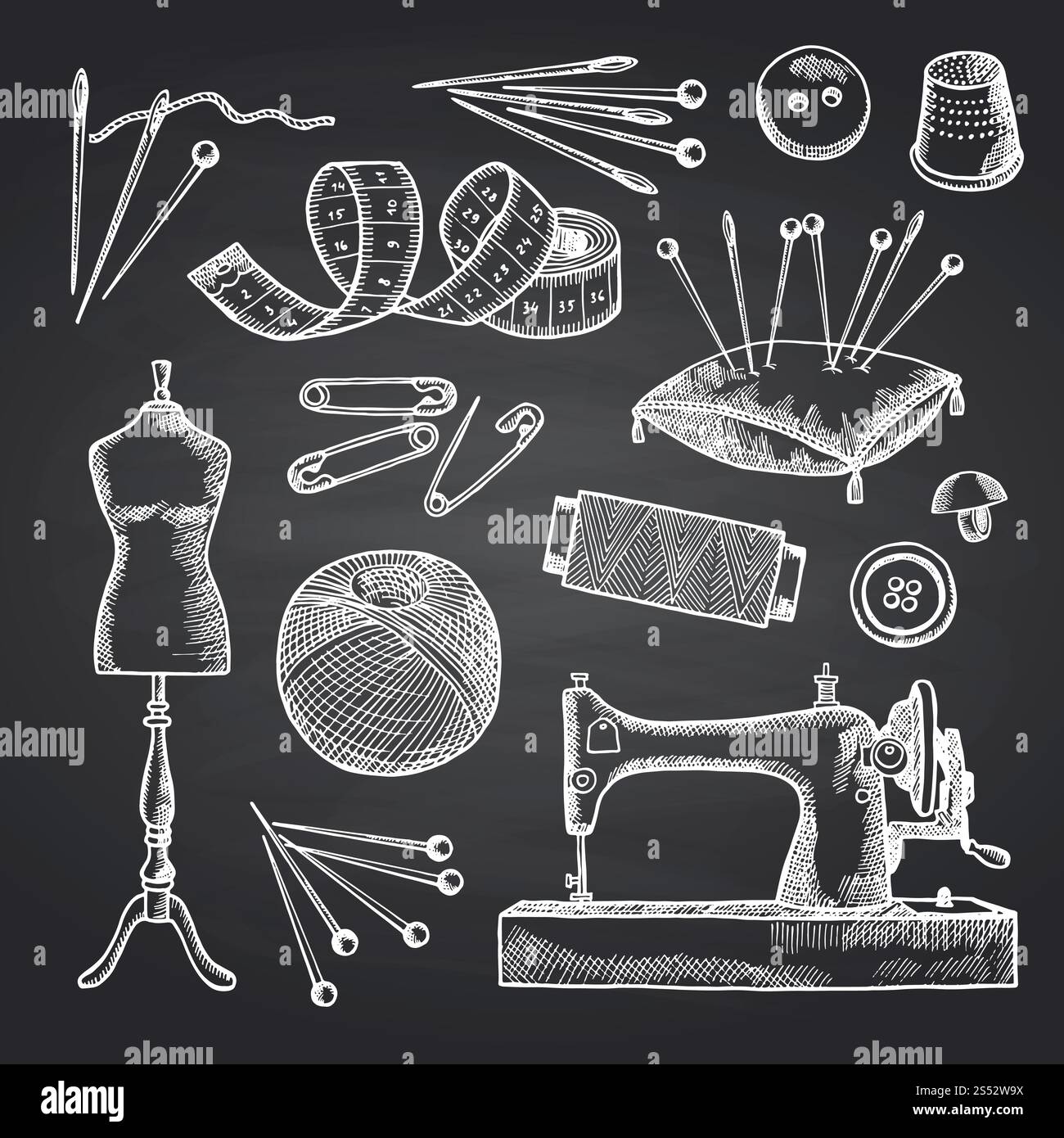 Vector set of hand drawn sewing elements on black chalkboard ...