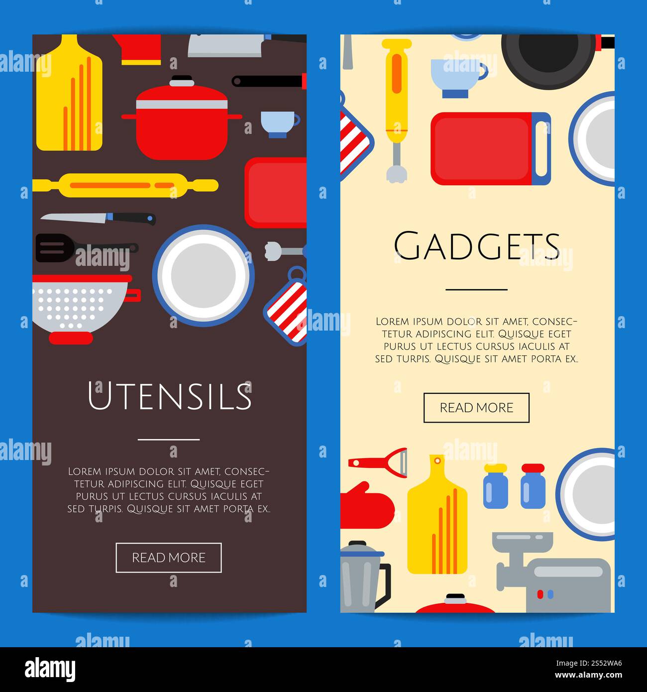 Vector flat style kitchen utensils vertical web banners or poster ...