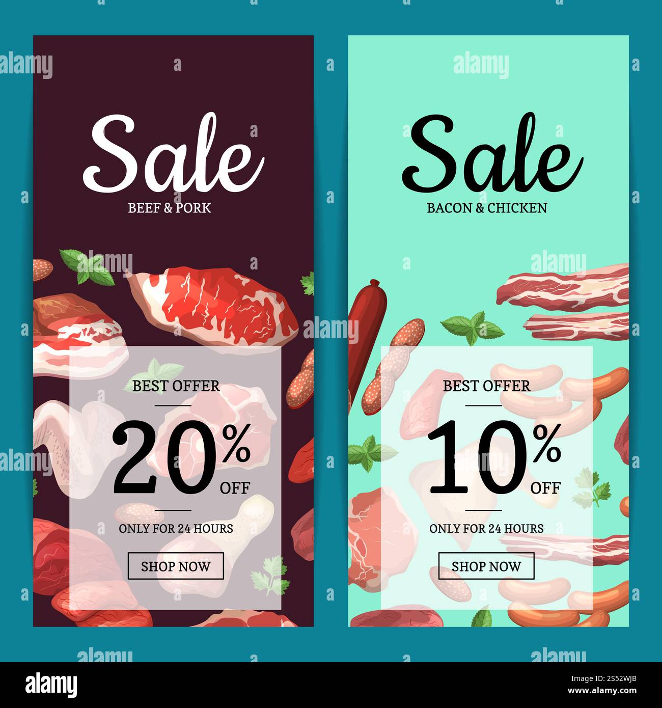 Vector cartoon meat elements vertical sale web banners of set ...