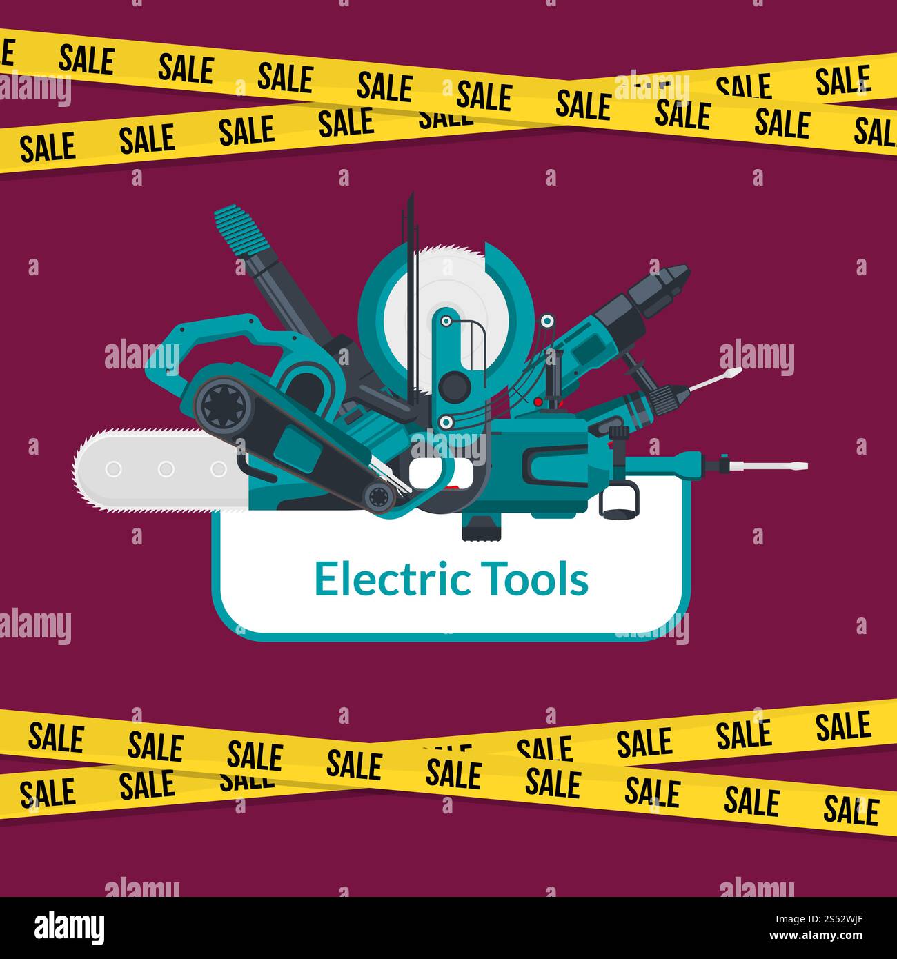 Vector electric construction tools sale background with vertical ribbon ...