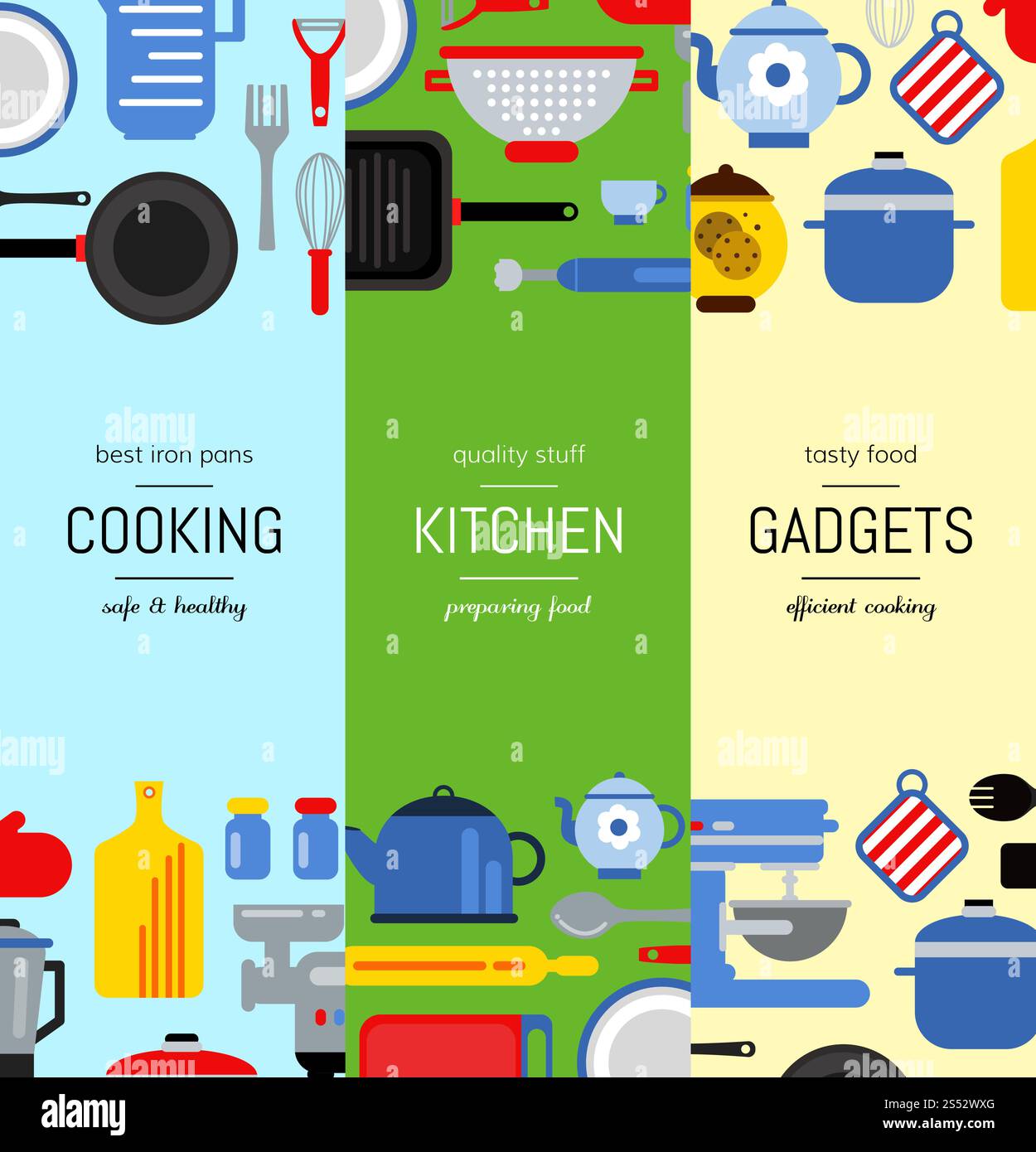 Vector flat style kitchen utensils vertical web banners illustration ...