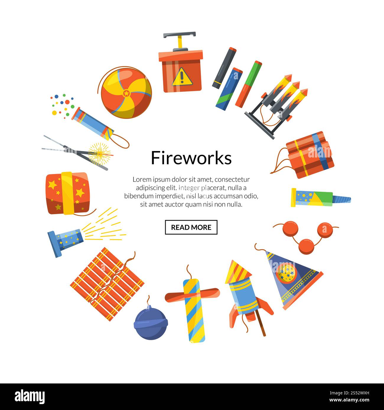 Vector cartoon pyrotechnics in circle form with place for text in ...