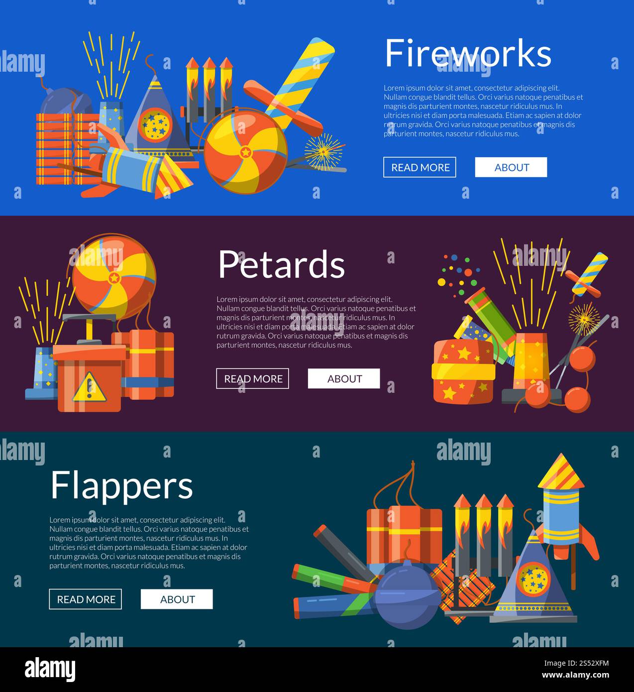 Vector cartoon pyrotechnics color horizontal web banners of set ...