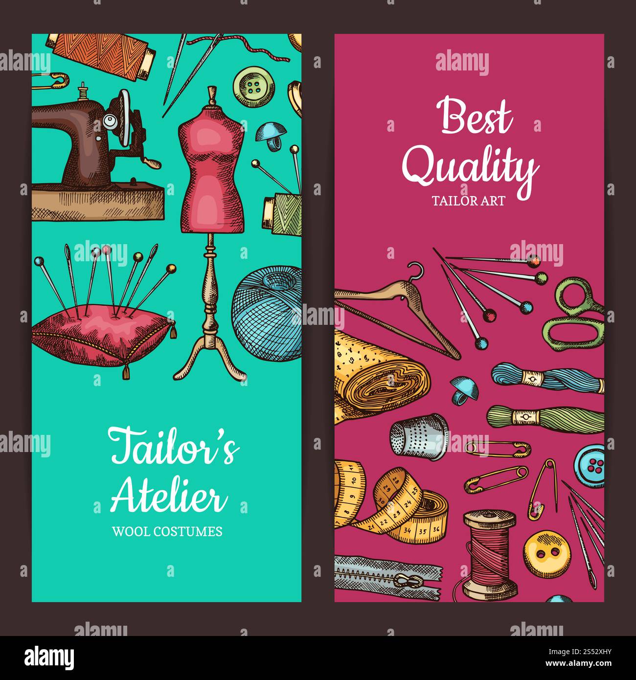 Vector hand drawn sewing elements vertical flyer templates for sewing ...