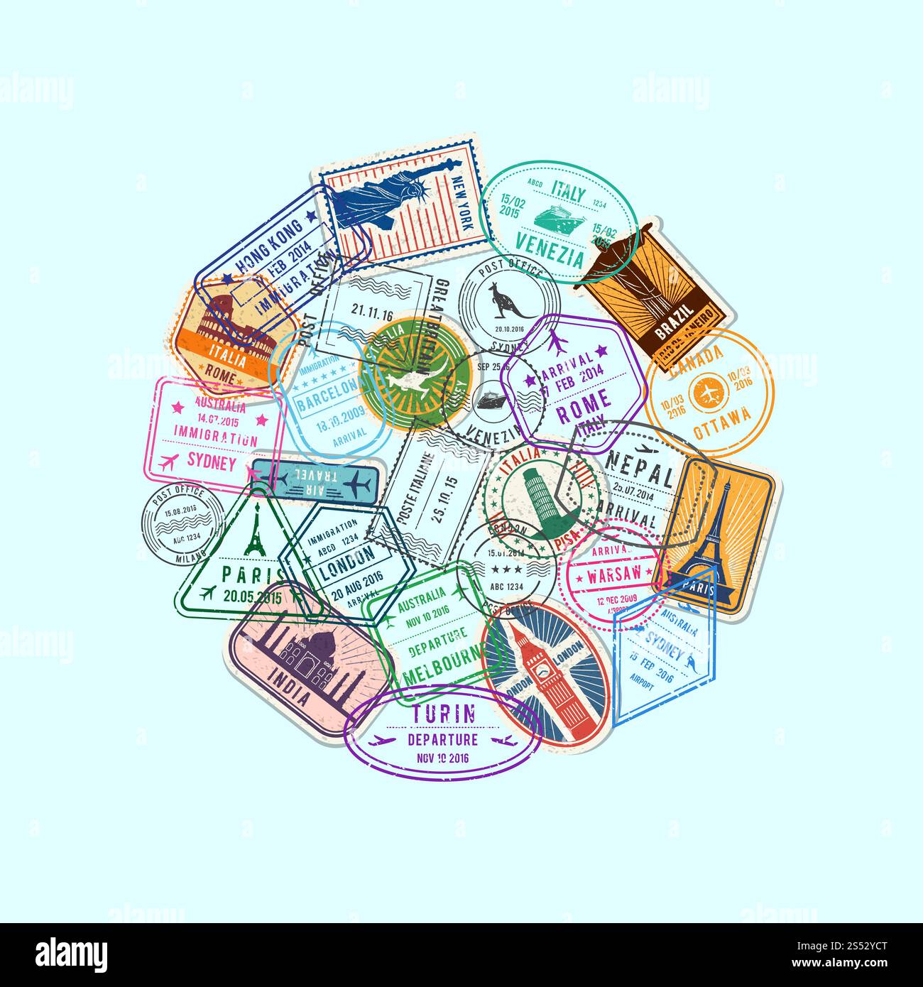 Vector world immigration and post stamp marks gathered in circle ...
