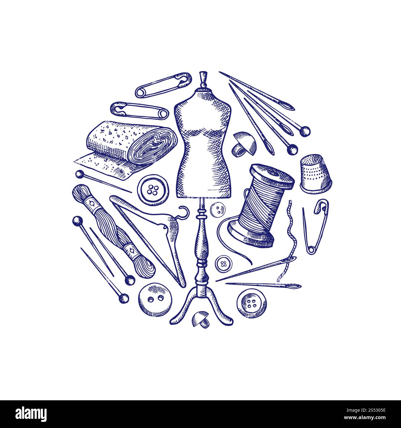 Vector hand drawn sewing elements gathered in circle illustration ...