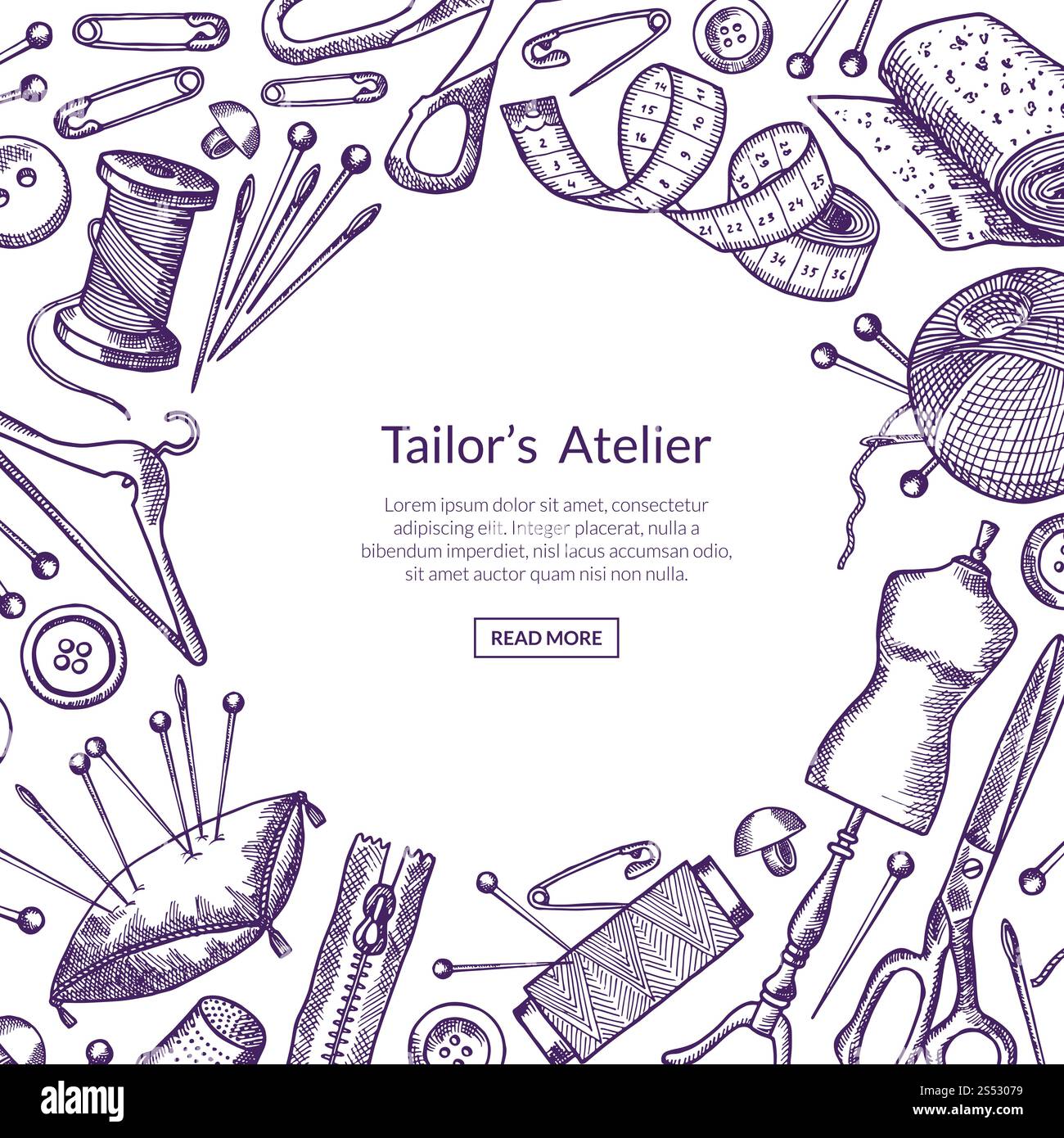 Vector banner hand drawn sewing elements background illustration with ...
