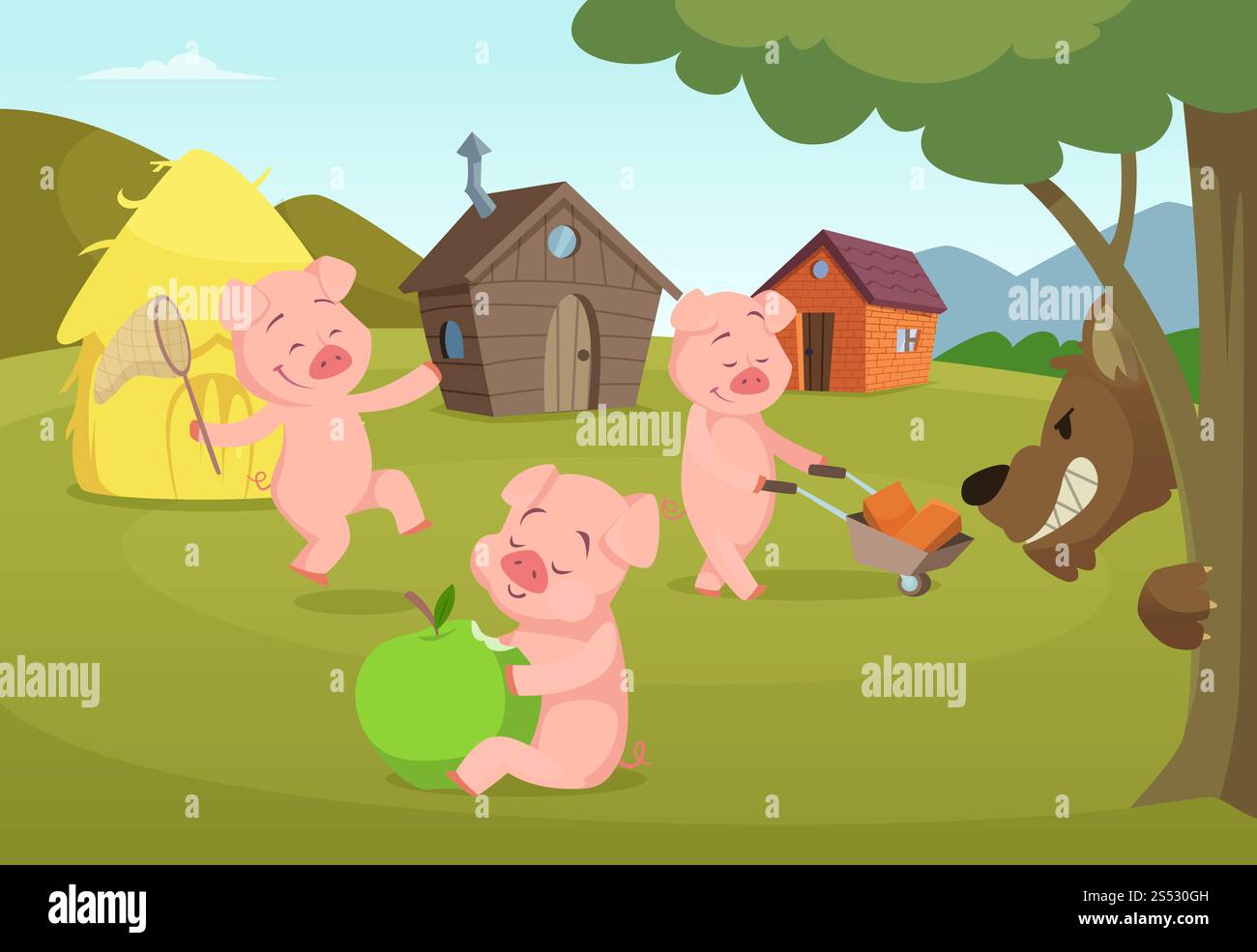 Three little pigs near their small houses and scary wolf. Three pigs ...
