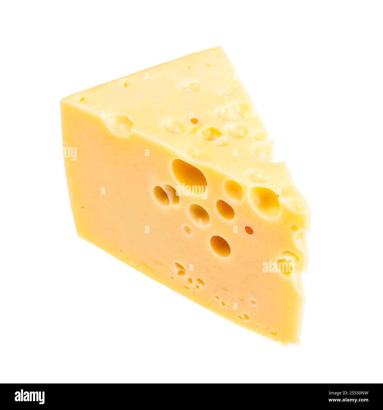 triangular piece of yellow semi-hard cows milk swiss cheese with ...