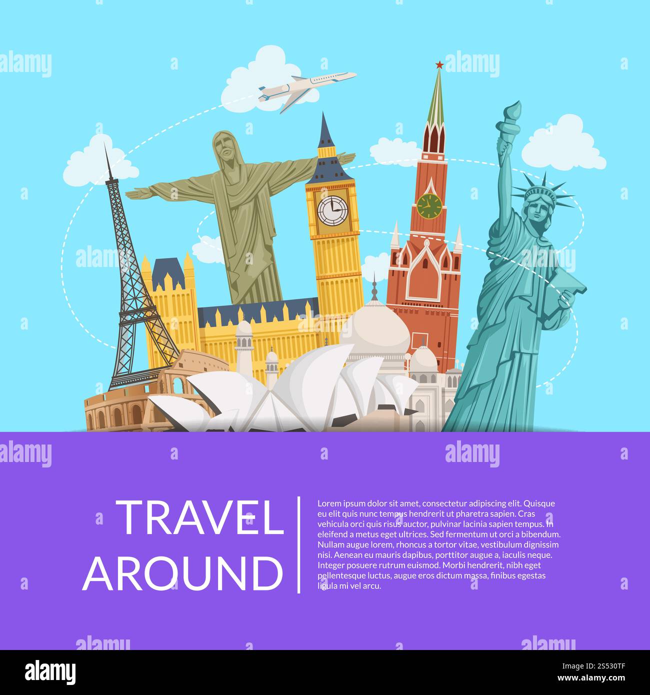 Vector world sights with sky background hidden under ribbon with place ...