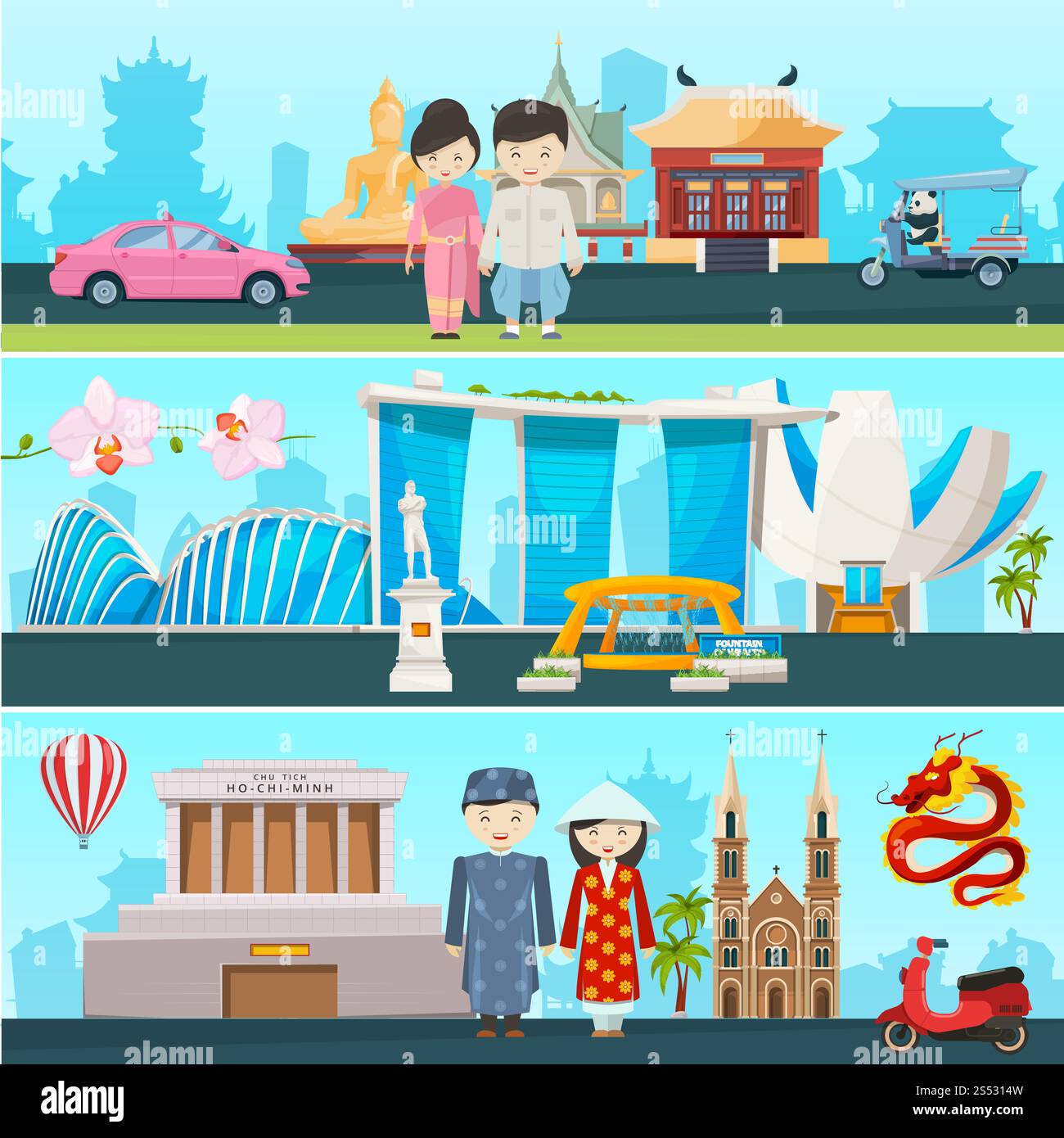 Banners illustrations of east countries vietnam, thailand and singapore ...