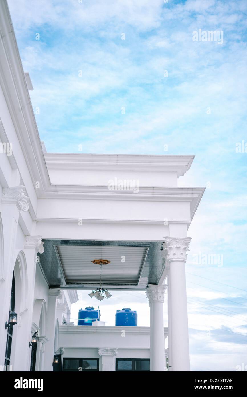 A luxurious white colonial-style building surrounded by vibrant ...