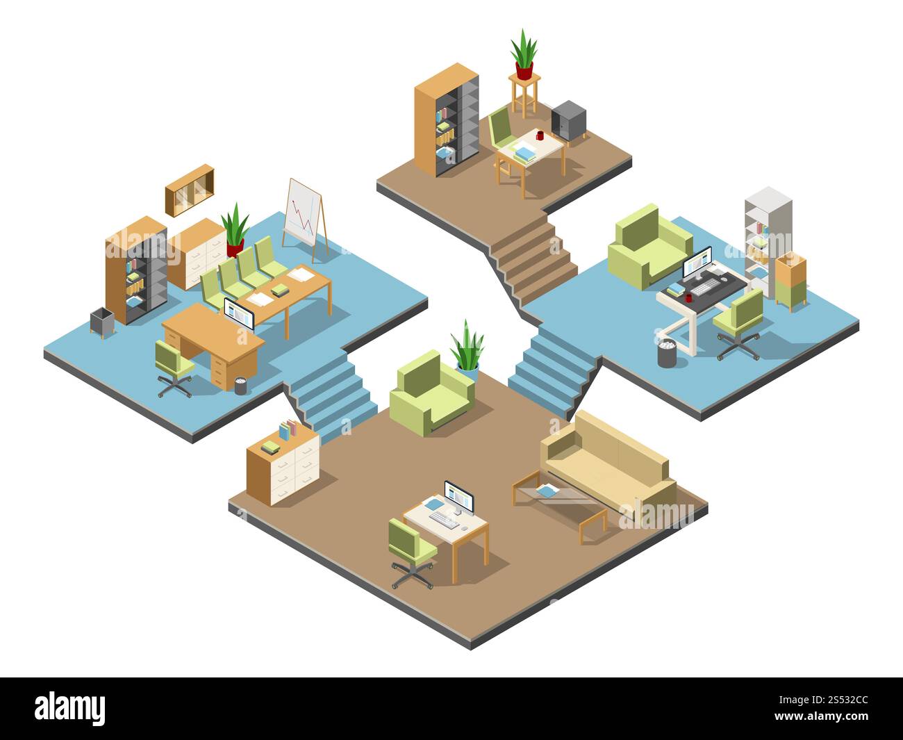 Different isometric modern offices with furniture. Several floors in ...