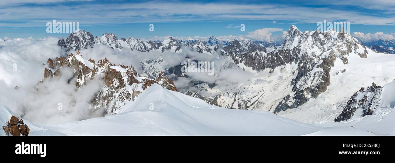 Mont Blanc rocky mountain massif summer view from Aiguille du Midi Mount, Chamonix, French Alps ...