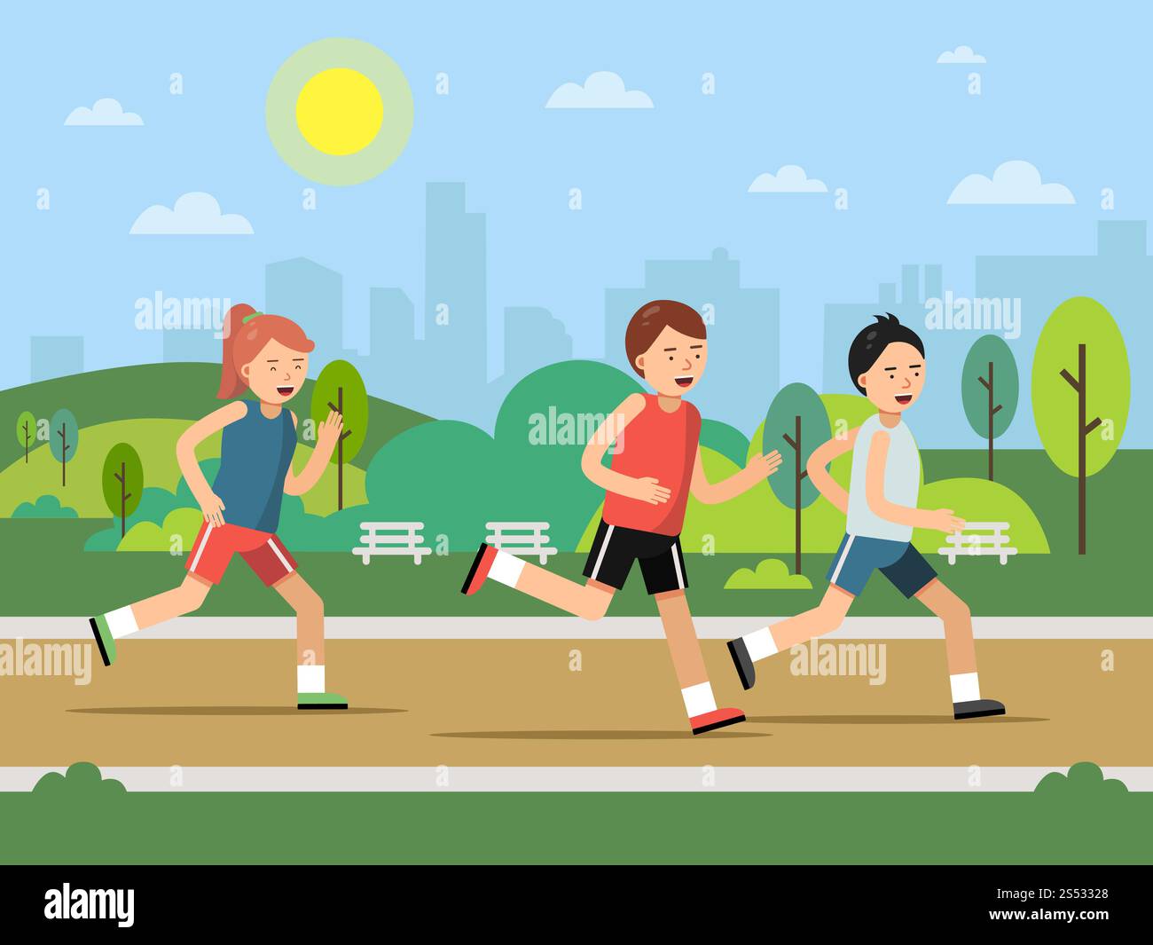 Urban green park landscape with running peoples. Vector jogging and ...